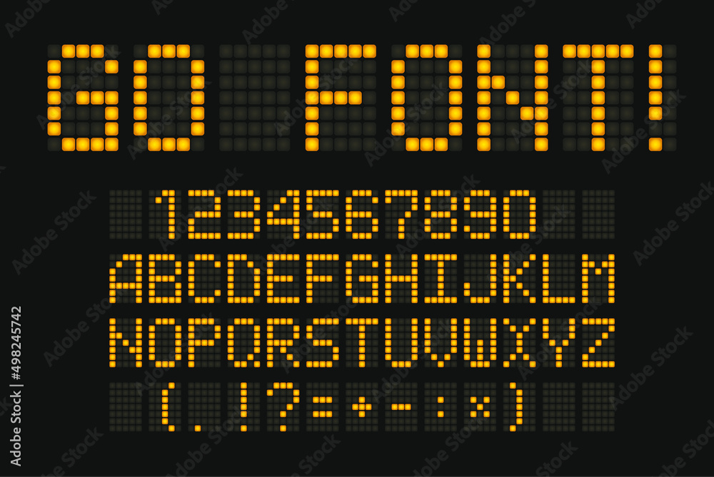 Digital font for led board, scoreboard, clock board. Yellow typeset for ...