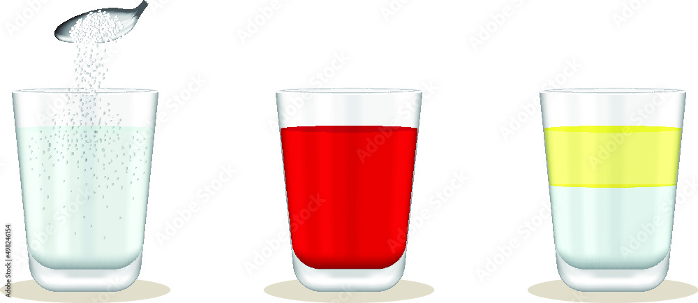 Heterogeneous and homogeneous mixtures. Glasses of salty water, sherbet ...