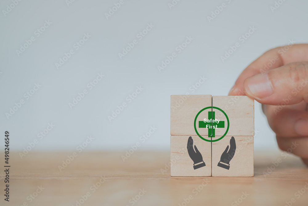 hand complete wooden cube block , safety first and hands, for work ...