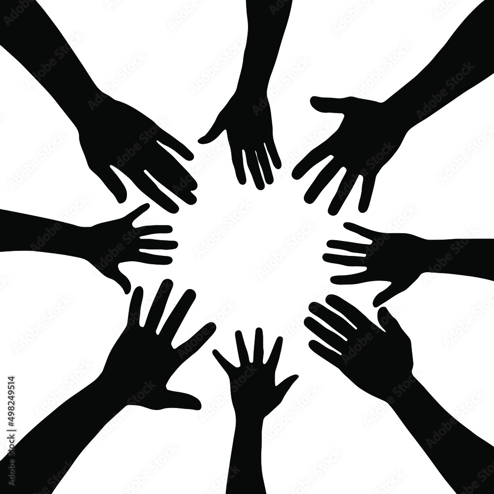Group of people gathering hands vector silhouette, with copy space ...