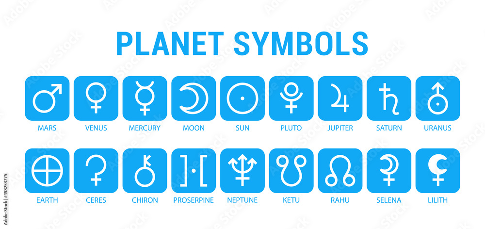 Planet symbols. Mars, venus, mercury and moon. Sun, pluto, jupiter and ...