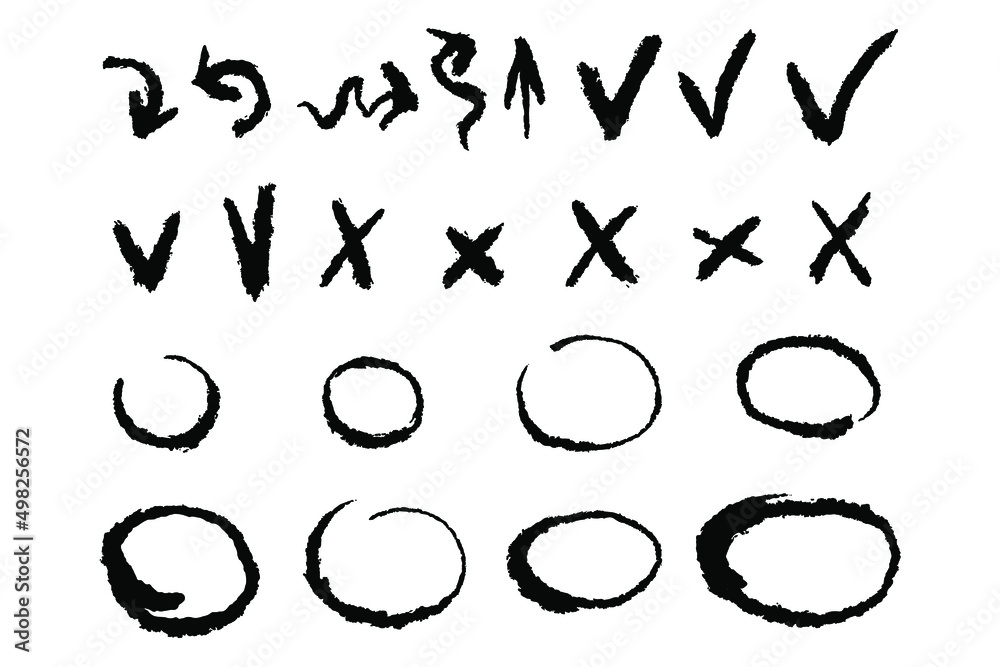 Hand drawn check highlight marks, crosses and arrows signs. Doodle ...