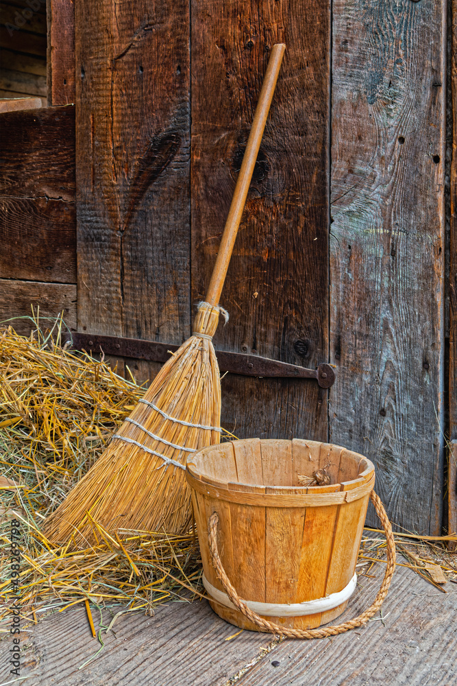 Vintage Wooden Bucket and Broom Stock Photo | Adobe Stock Vintage Wooden Bucket and Broom Stock Photo | Adobe Stock
