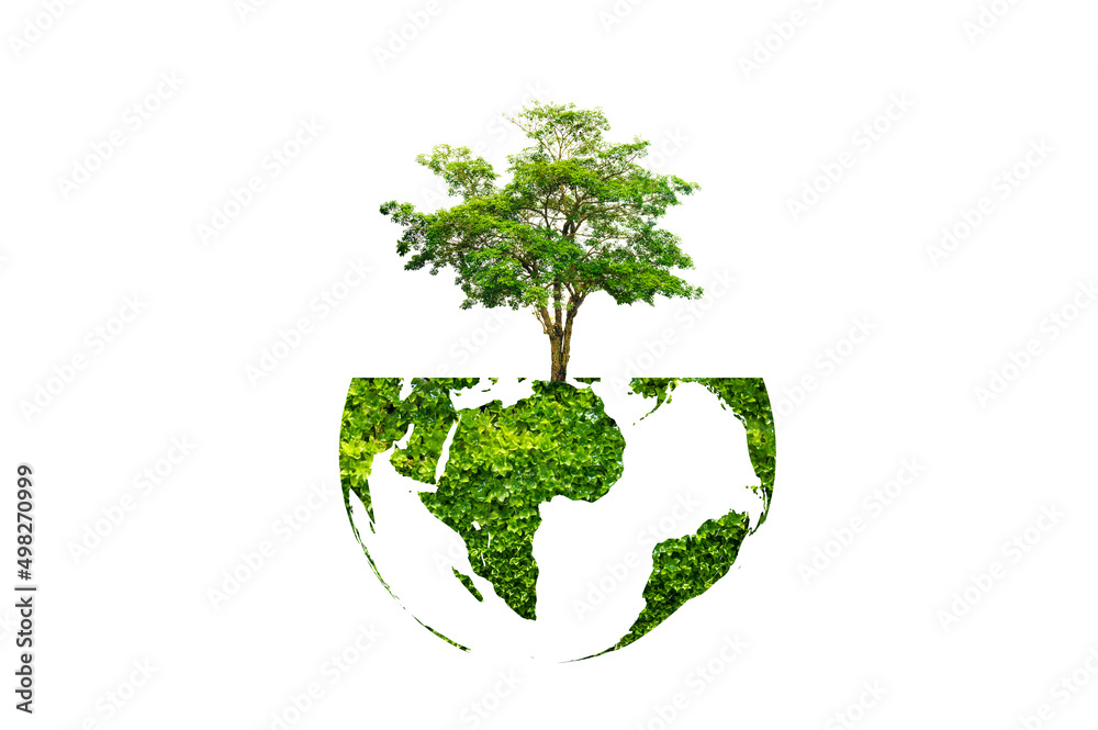 earth day tree on green earth on white isolate background Stock ...