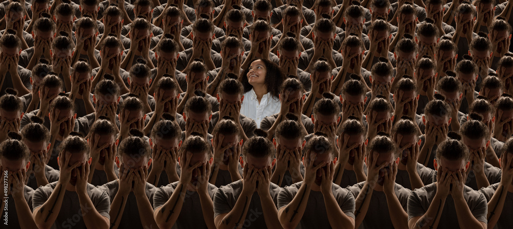 Conceptual collage with crowd of identical people with same emotions ...