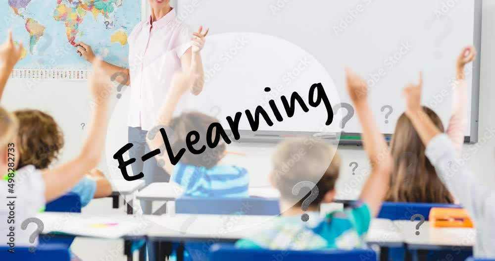 E-learning text banner and question mark icons floating against female ...