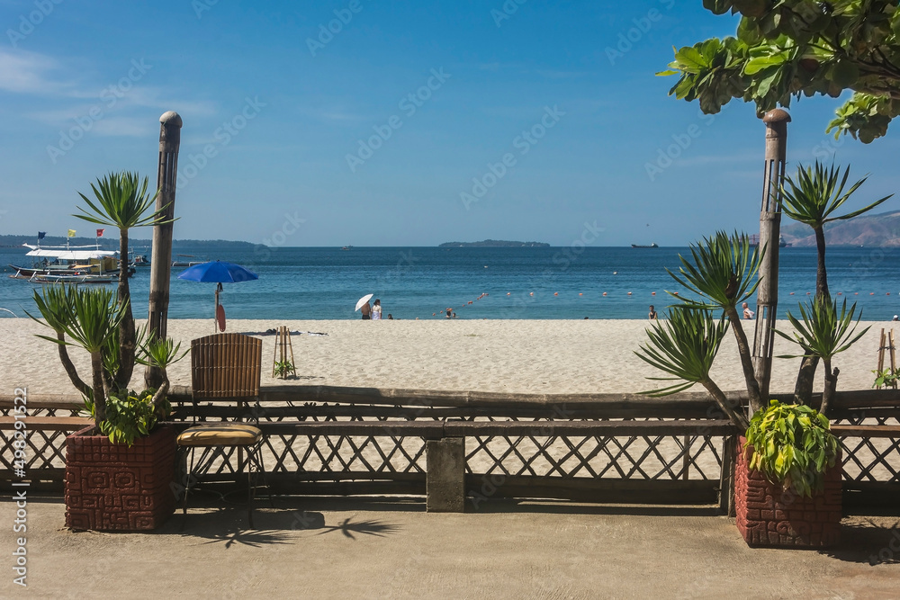 A beautiful beach scene flanked with Dracaena plants. At a resort in ...