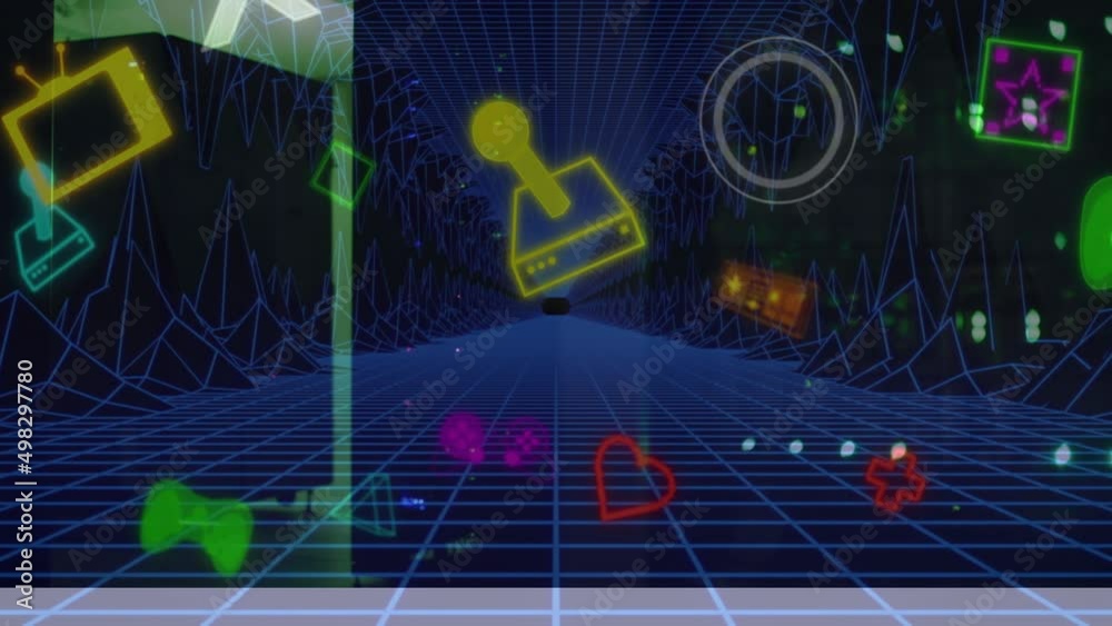 Animation of video game digital icons and metaverse over grid Stock ...