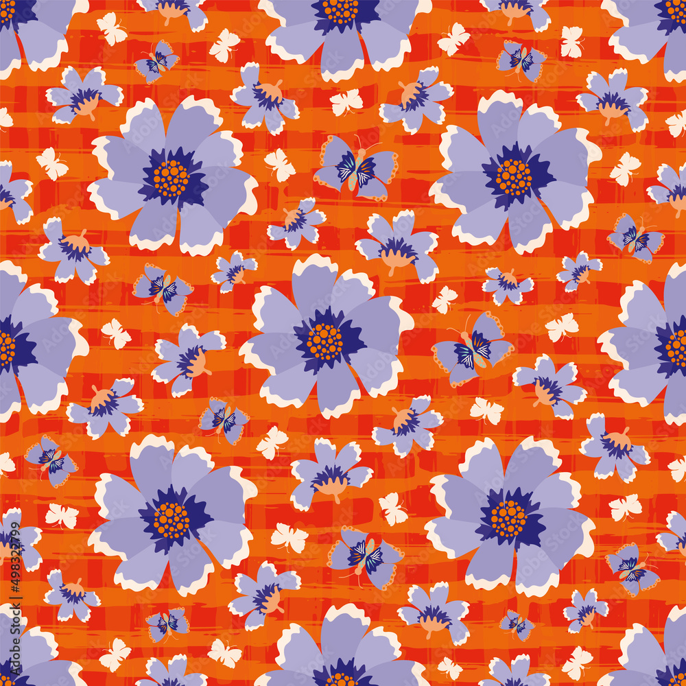 Seamless cottage garden flower and butterfly vector pattern in bright ...