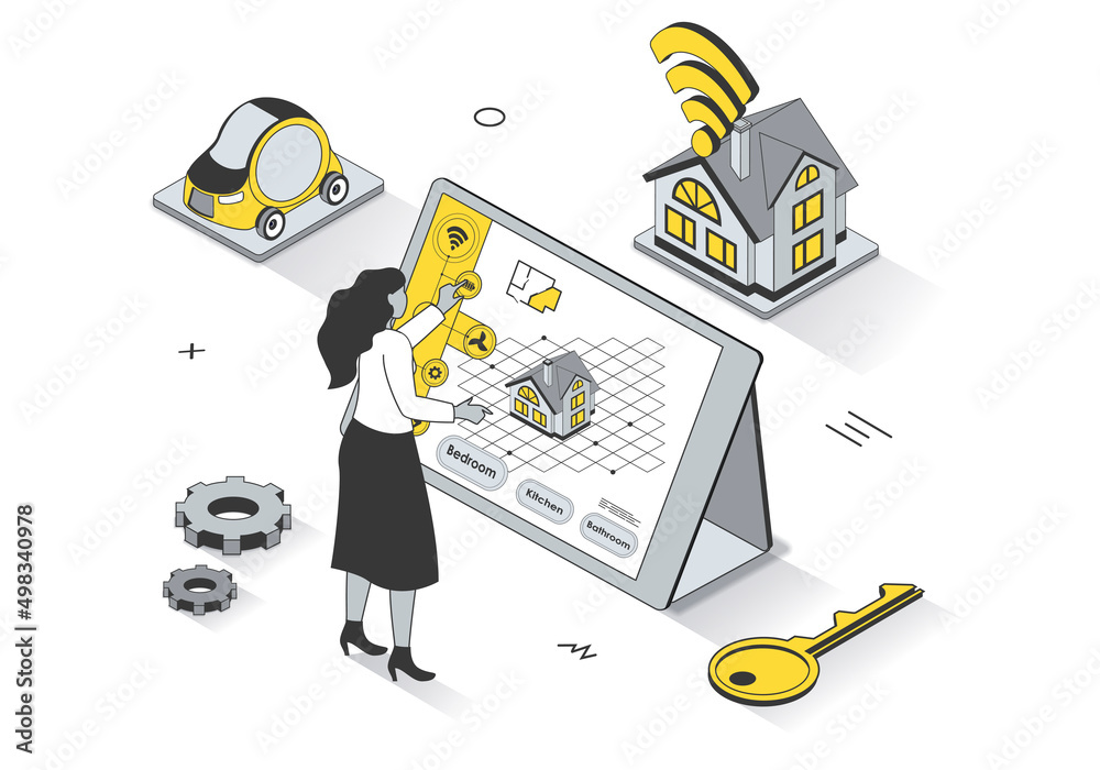 Smart home concept in 3d isometric outline design. Woman controls sensors in house using ...