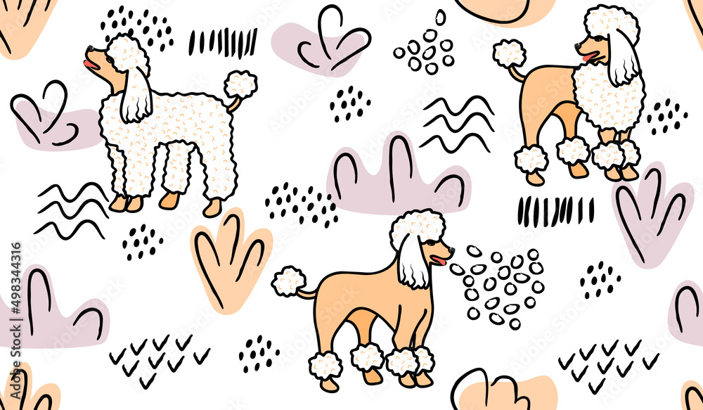 Seamless pattern with dogs of the Poodle breed and abstract doodle ...