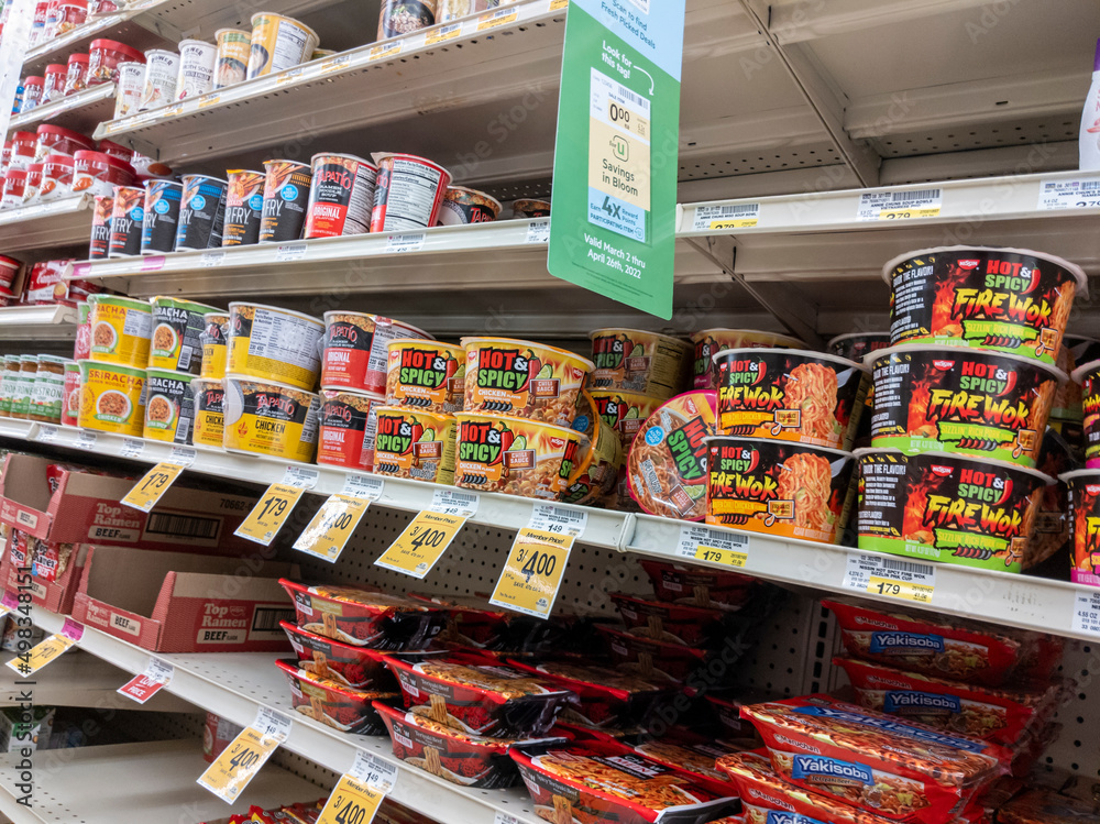 Lynnwood, WA USA - circa April 2022: Angled view of shelves filled with ...