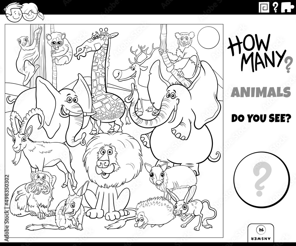 counting cartoon animals educational game coloring book page Stock ...