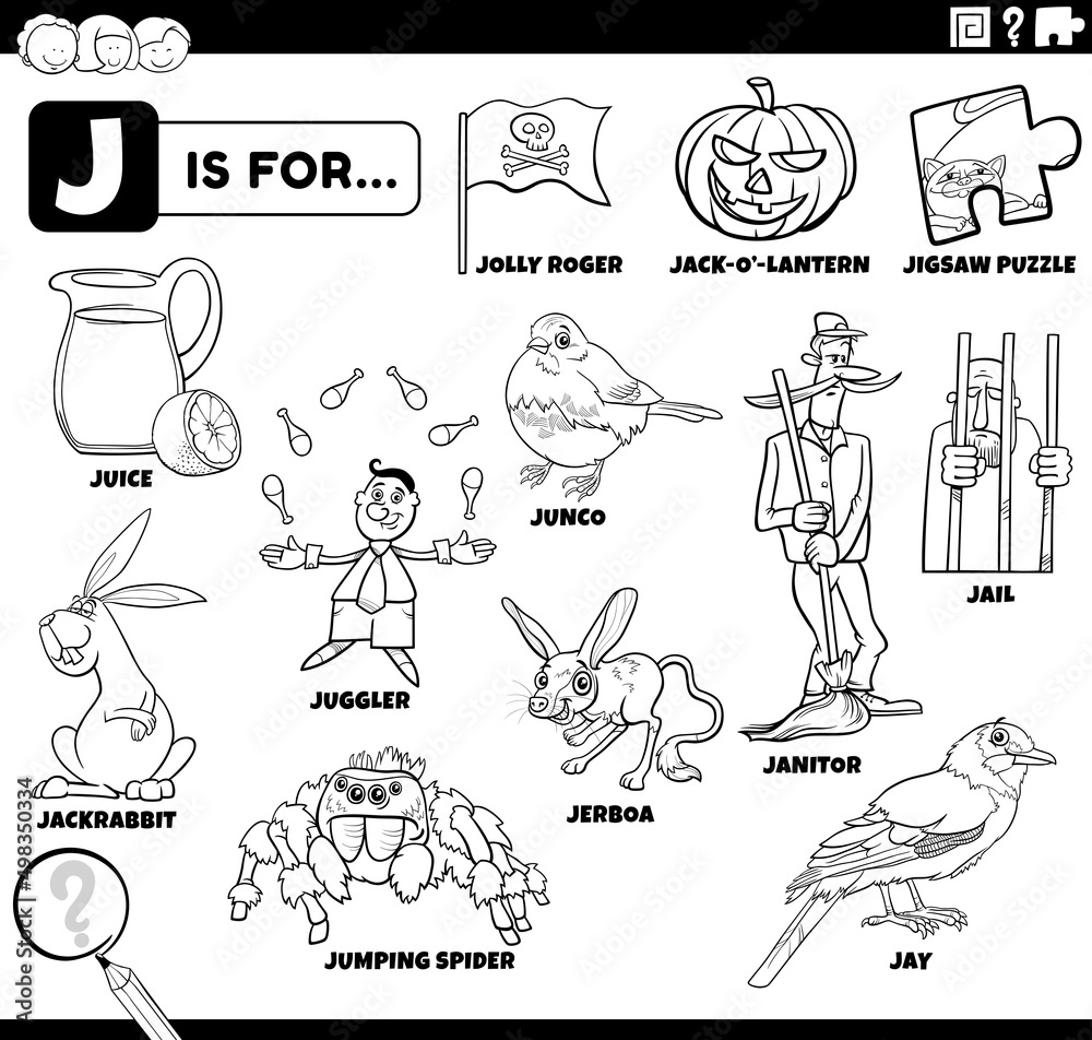 letter j words educational set coloring book page Stock Vector | Adobe ...
