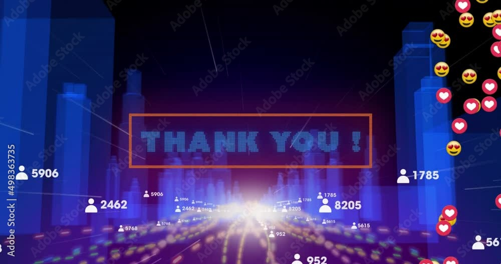 Animation of thank you text, emojis and numbers growing over digital ...