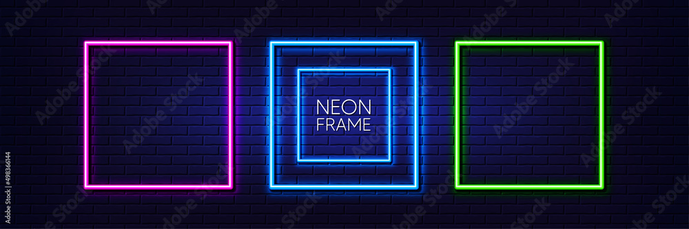 Neon square border with copy space. Set of neon light frames. Pink ...