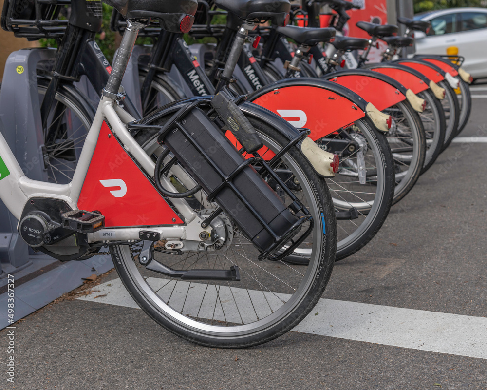 Los Angeles, CA, USA - April 11, 2022: Metro Bike Sharing Station in Los Angeles CA..The program ...