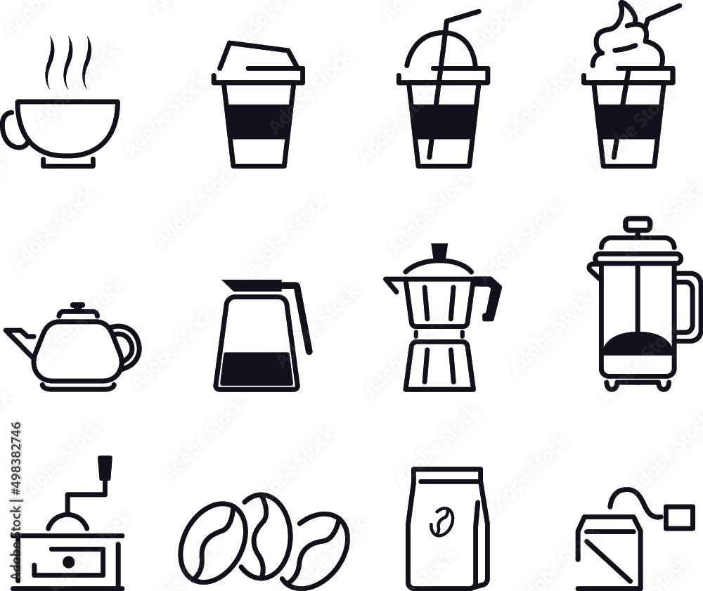 set de iconos de cafe, elementos de cafeteria tipos de cafe tipos de ...