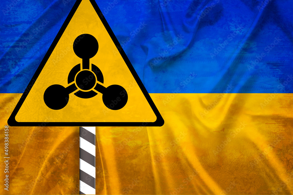 chemical hazard sign on the flag of Ukraine, the impact of an emergency ...