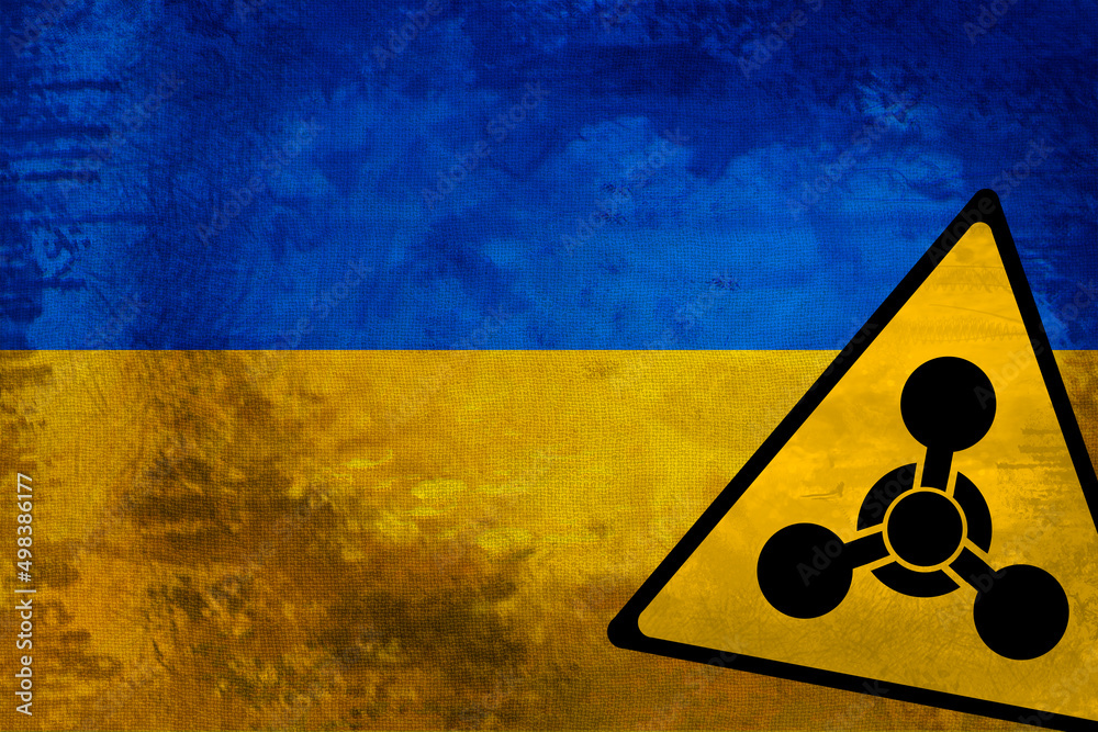 chemical hazard sign on the flag of Ukraine, the impact of an emergency ...
