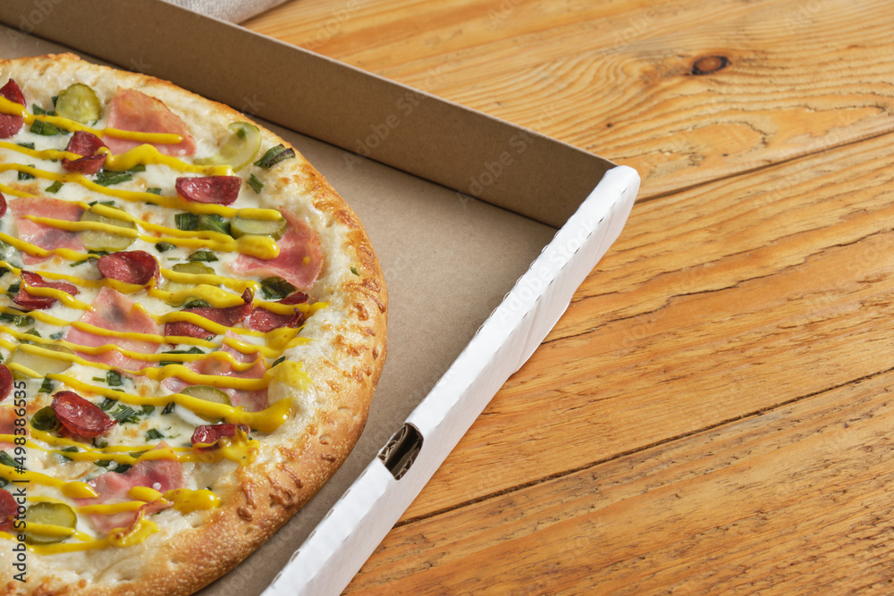 Hot Pizza in an open cardboard box. Tasty fresh pizza with cheese ...
