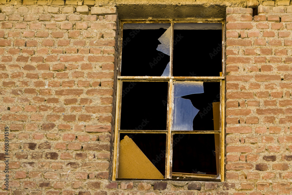 Broken windows,old,ruined window with brick wall Stock Photo | Adobe Stock