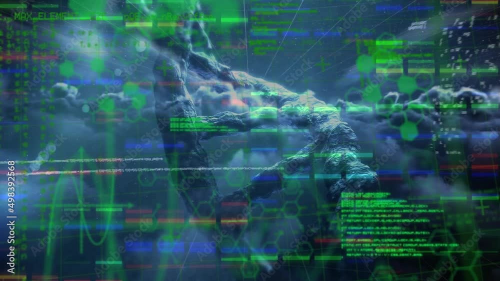 Animation of dna strand over data processing and moving columns on black background Stock Video ...