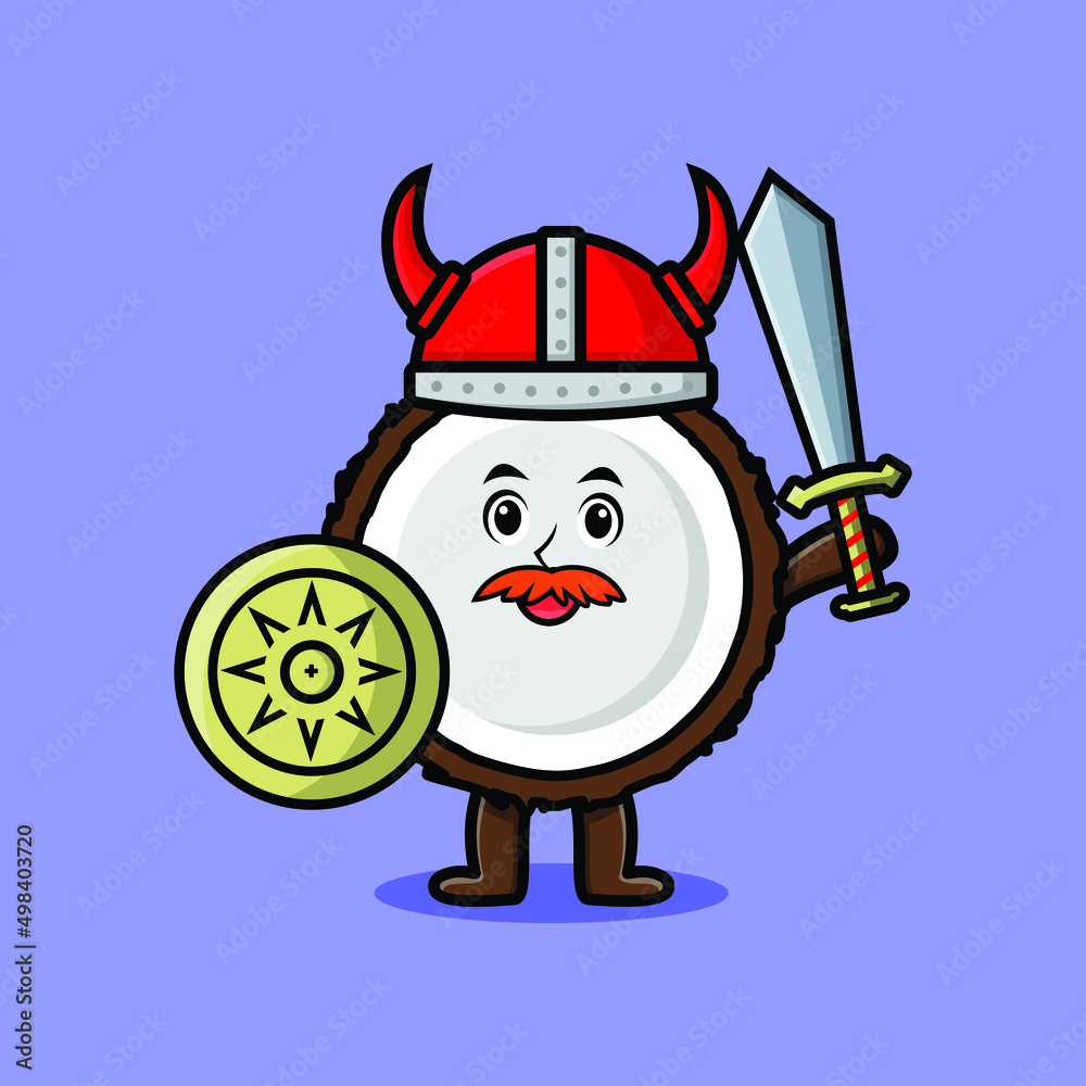 Cute cartoon character Coconut viking pirate with hat and holding sword ...