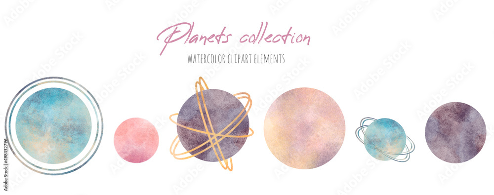 Magic cosmos starry sky. Watercolor hand drawn space set with ...