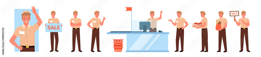 Busy male supermarket worker at work set vector illustration. Cartoon ...