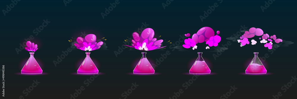 Chemical reaction in flask with explosion and smoke clouds animation ...
