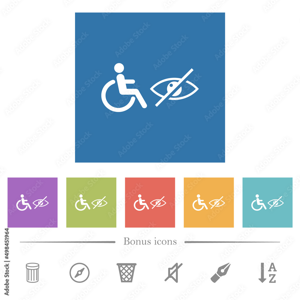 Wheelchair and visually impaired symbols flat white icons in square ...
