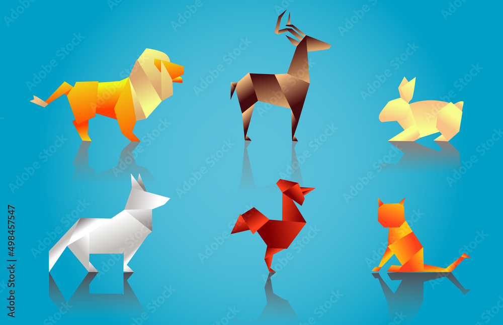 Realistic folded paper animal vector set isolated on blue background ...