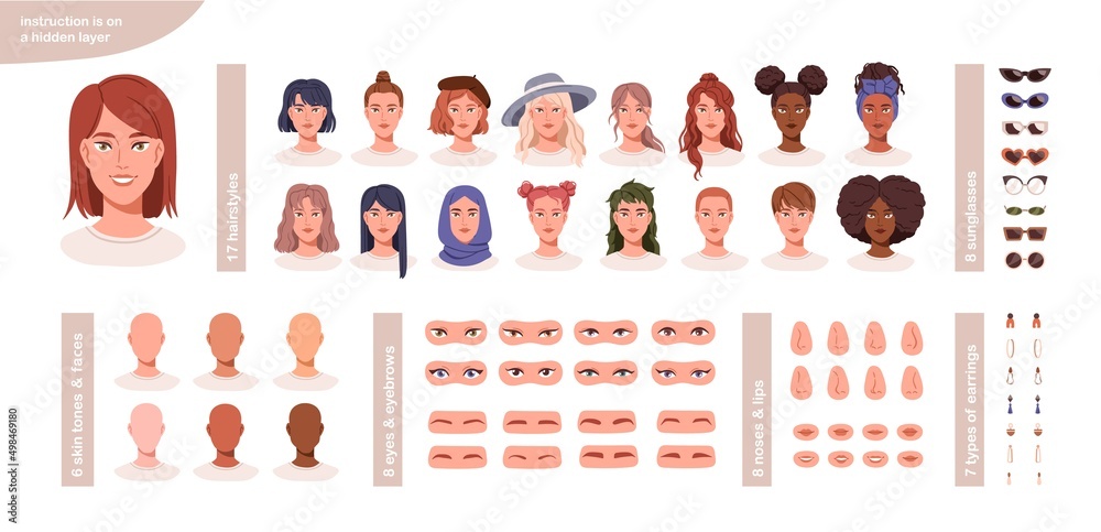 Woman avatars face constructor. Female character kit for creation ...