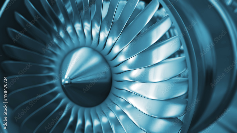 3D Rendering jet engine, close-up view jet engine blades. Closeup shot ...