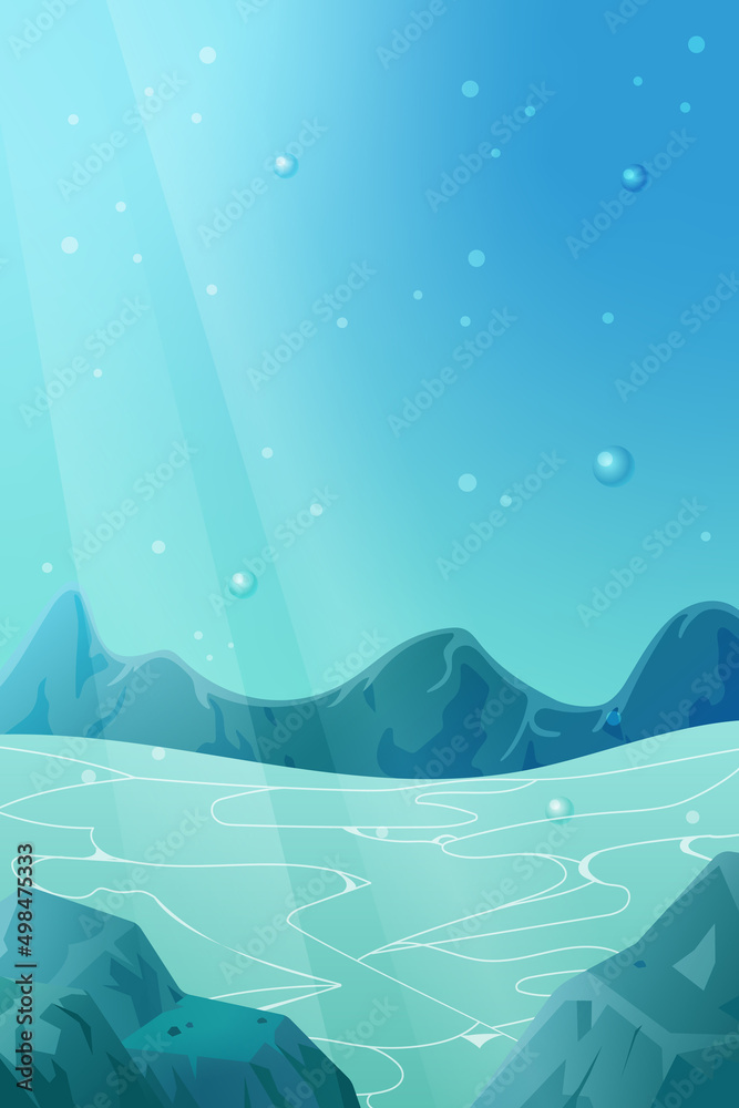 Underwater vertical landscape with sea mountains, stones, bubbles ...