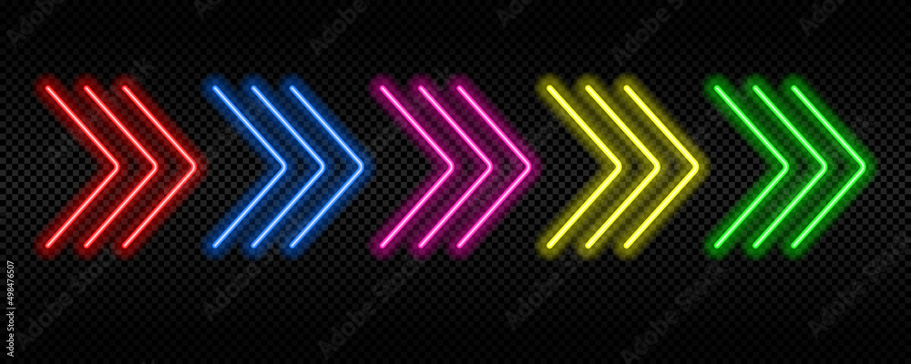 Neon arrows. Neon glowing arrow pointer on dark background. Stock ...