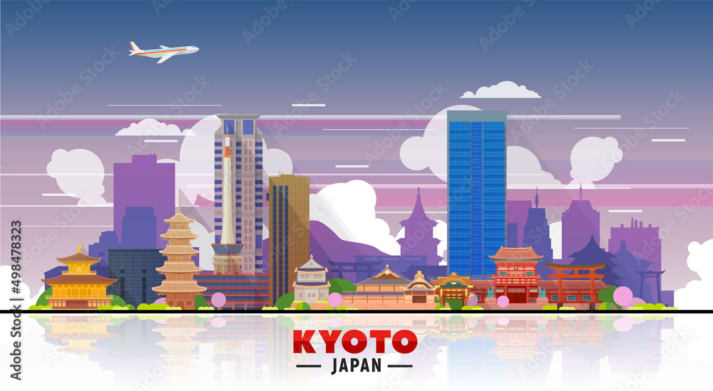 Kyoto ( Japan ) skyline with panorama in color background. Vector ...