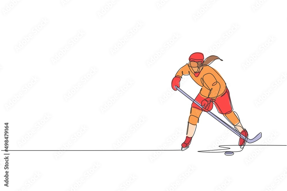 One single line drawing of young ice hockey player in action to play a ...