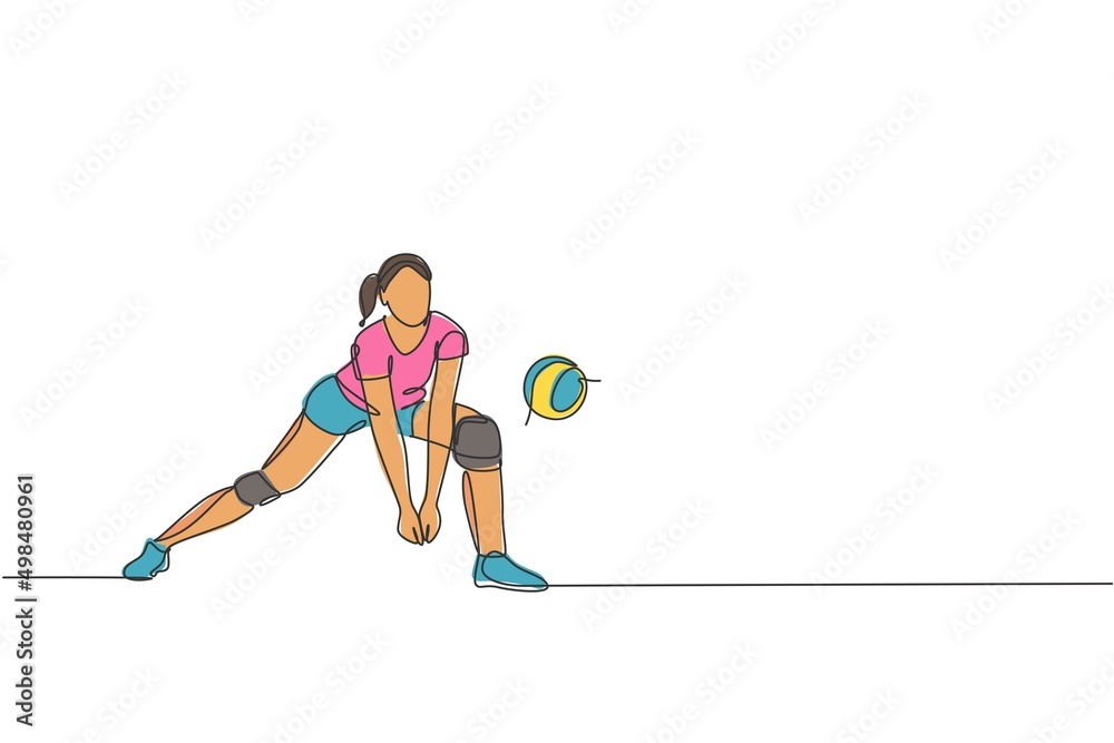 One single line drawing of young female professional volleyball player ...