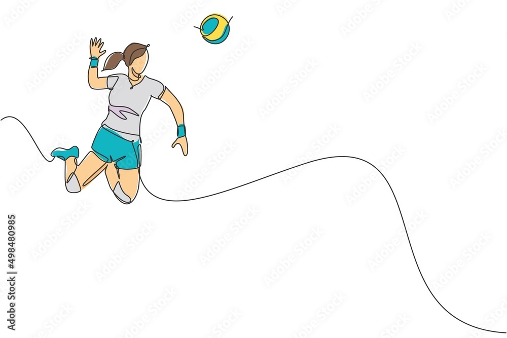 One single line drawing of young female professional volleyball player ...