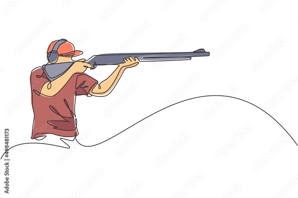 One continuous line drawing young man on shooting training ground ...