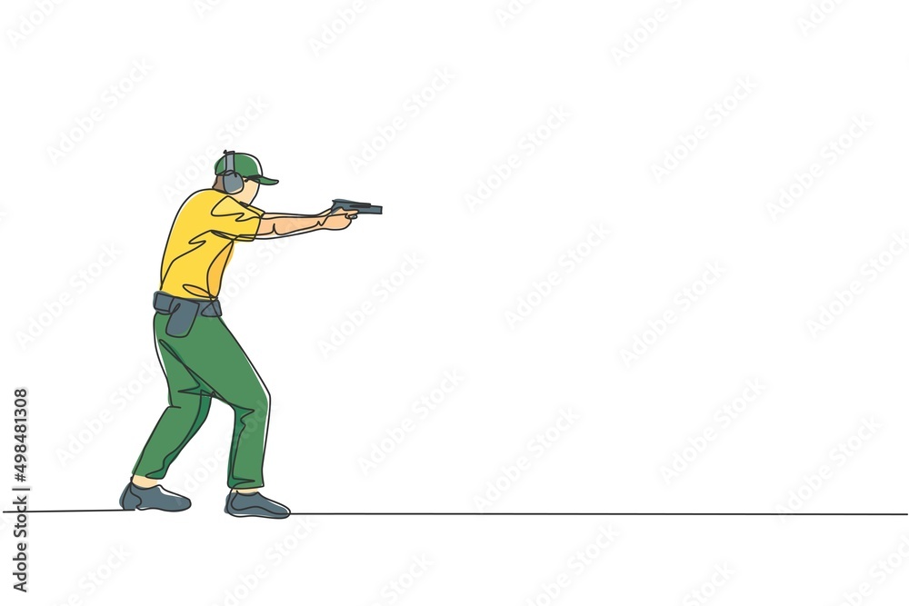 One continuous line drawing of young man on shooting training ground ...
