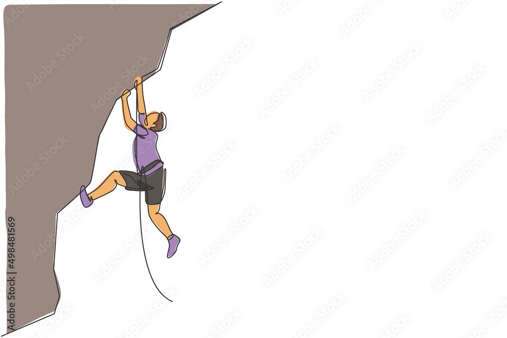 One single line drawing of young active man climbing on cliff mountain ...