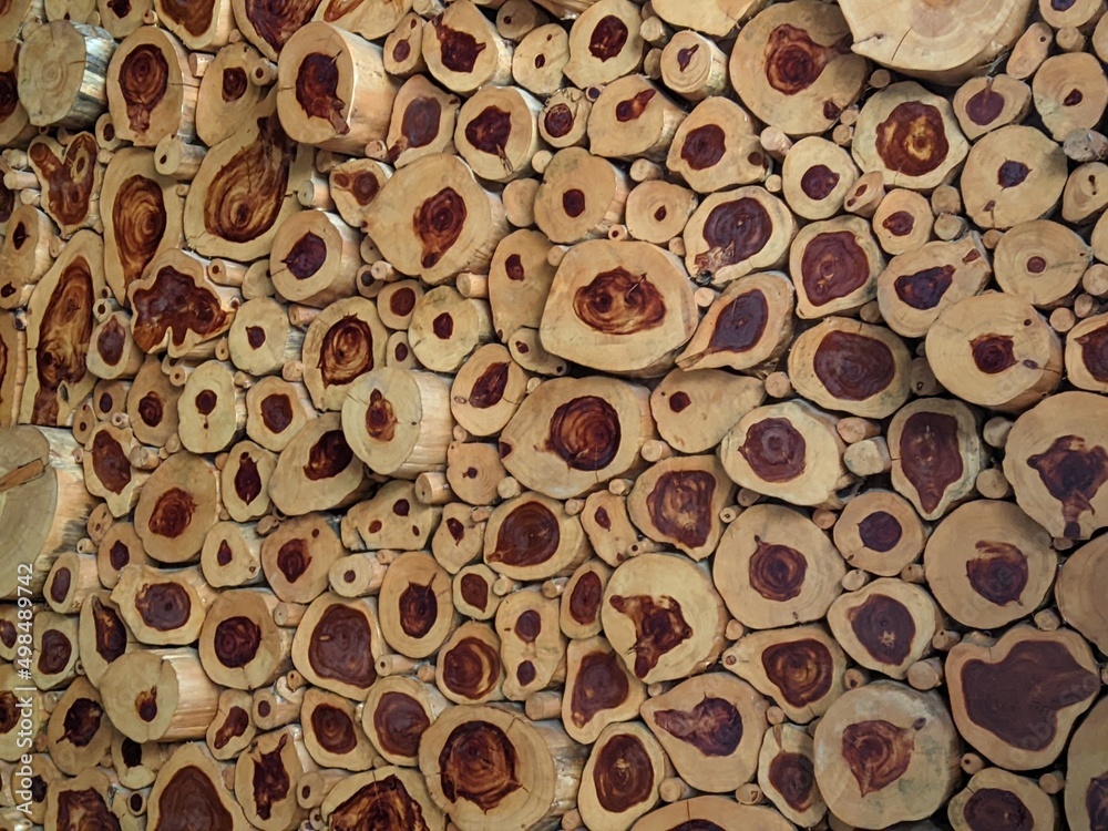 Texture wall background with cut wood arrangement motif. Interior ...