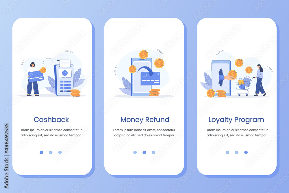 Onboarding screen ui with cashback, money refund and loyalty program ...