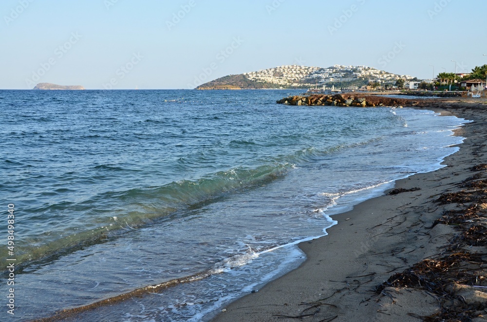 Sandy beach near the town of Turgutreis in Turkey on the Bodrum ...