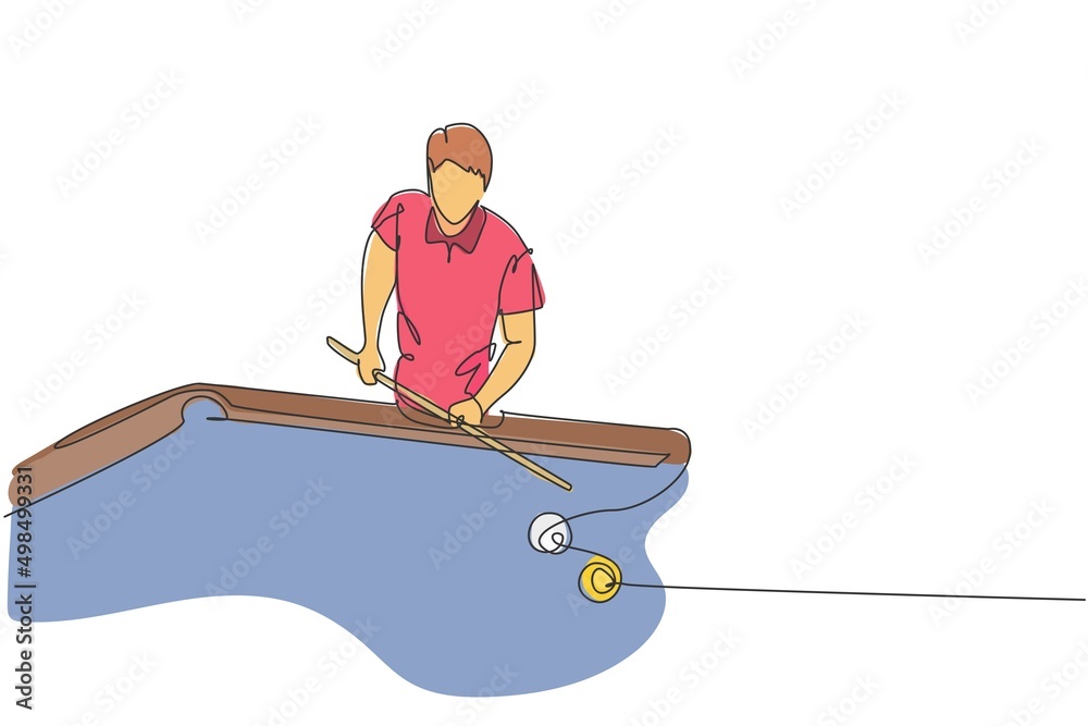 One single line drawing of young handsome man playing pool billiards at ...