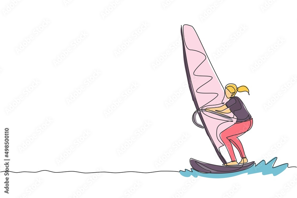 One single line drawing of young sporty woman play windsurfing in the ...