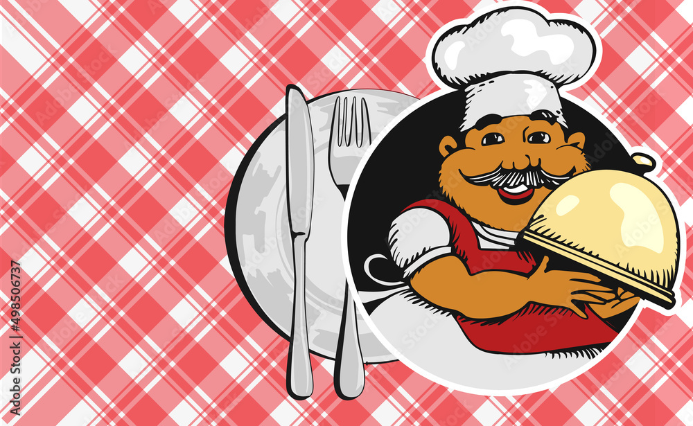 Cartoon chef italian cousin smile. Menu design with plate and fork ...